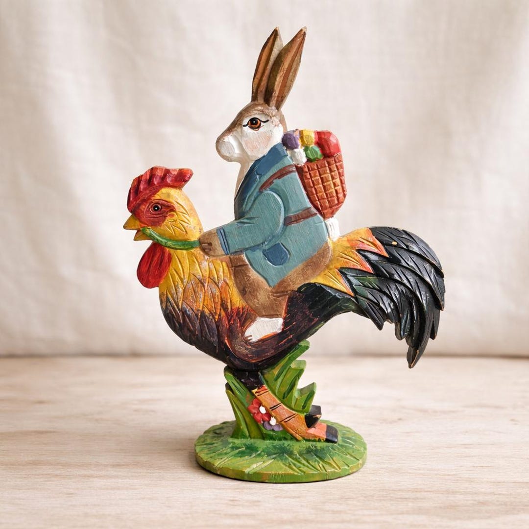Department 56 Hand-carved Rabbit Riding Rooster Figurine Folk Art ...