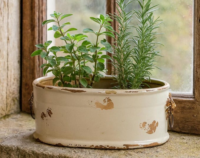 Distressed Ivory Ceramic Planter With Lion Head Handles – Oval ...