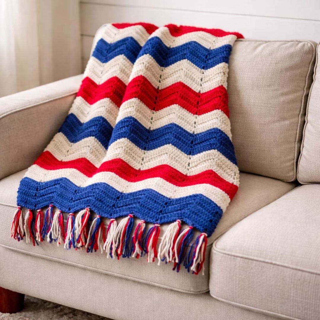 Vintage Red White Blue Chevron Afghan | Hand Crocheted Wool Blend Throw ...