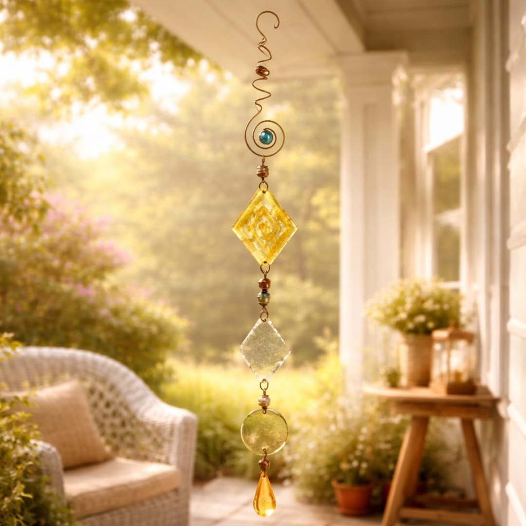 Y2K Glass Wind Chime, 29” Rustic Boho Wind Charm, Amber & Teal Art ...