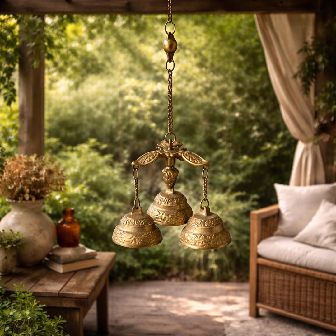 Vintage Brass Hanging Bell Cluster Chime | Hand-cast Floral Motif Bells ...