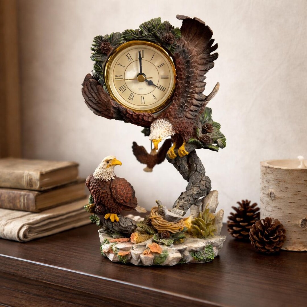 Vintage Eagle Family Mantel Clock Figurine | Bald Eagles With Nest ...