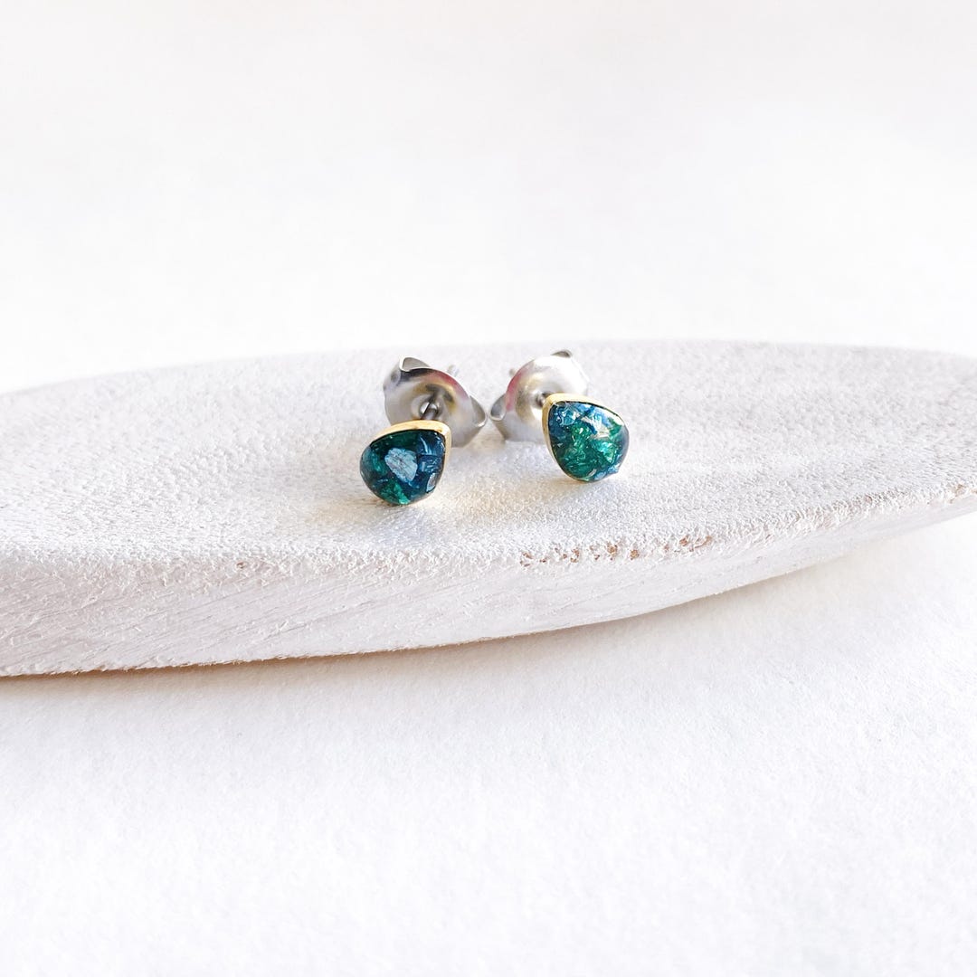 Tiny Dark Teal Stud Earrings, Small Teal Studs, Triangle Studs ...