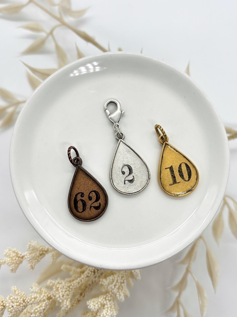 Custom Teardrop Number Charm: Silver, Gold, or Copper, Journal Pendant ...