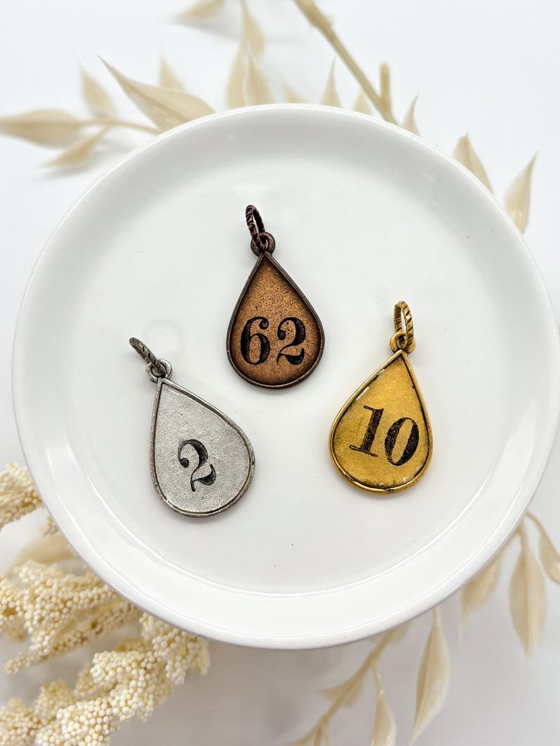 Custom Teardrop Number Charm: Silver, Gold, or Copper, Journal Pendant ...