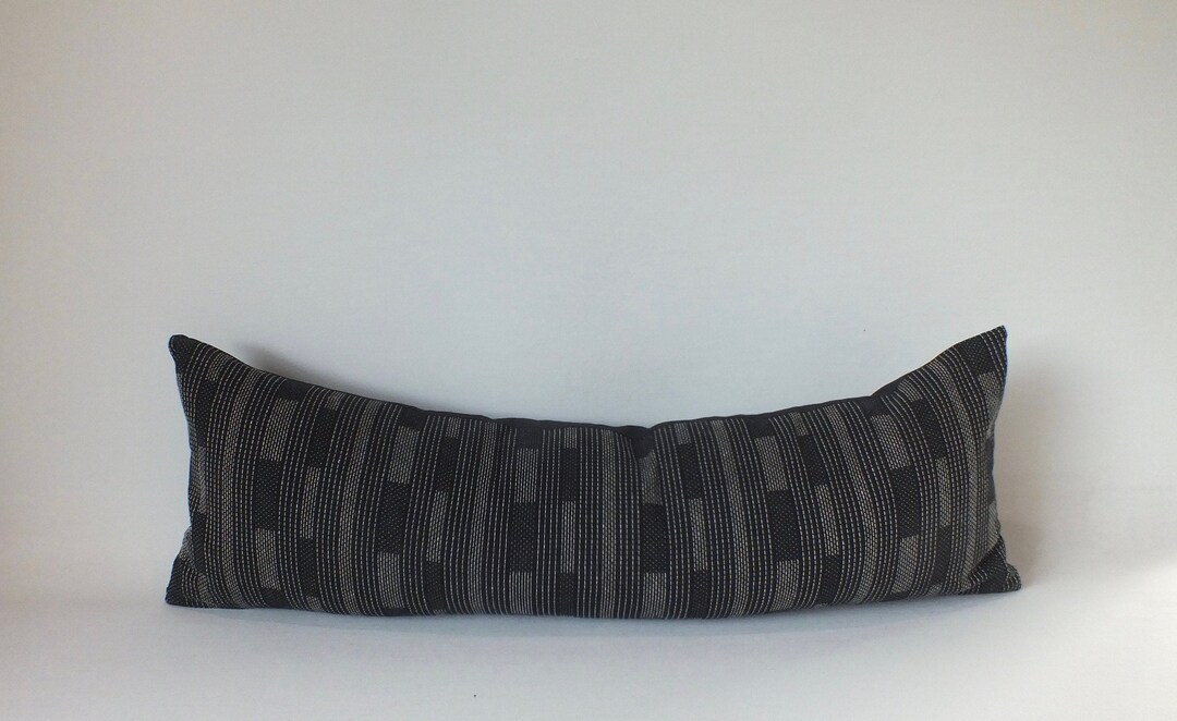 Black Lumbar Pillow Striped Fabric Hmong Cotton Ethnic Tribal Home ...
