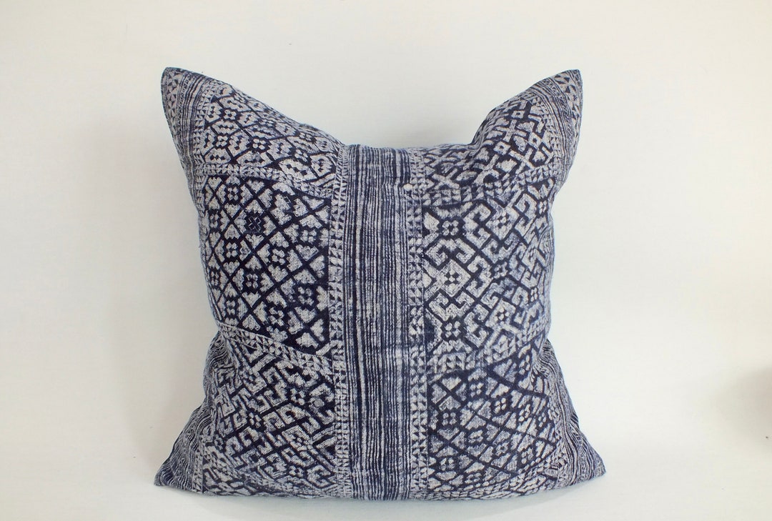 Blue Pillow Hmong Cushion Handprinted Handwoven Hemp Fabric Cushion ...