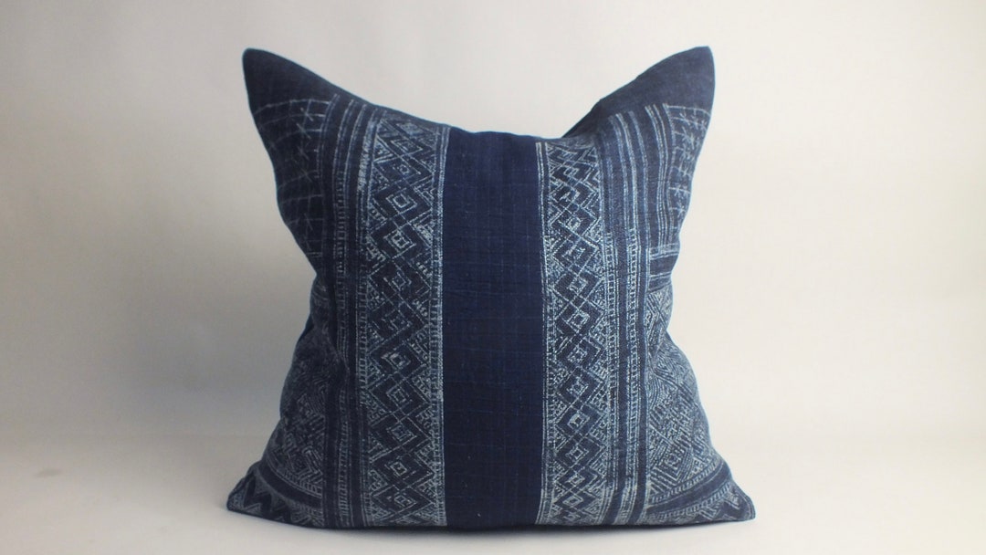 Blue Pillow Hmong Cushion Handprinted Handwoven Hemp Fabric Cushion ...