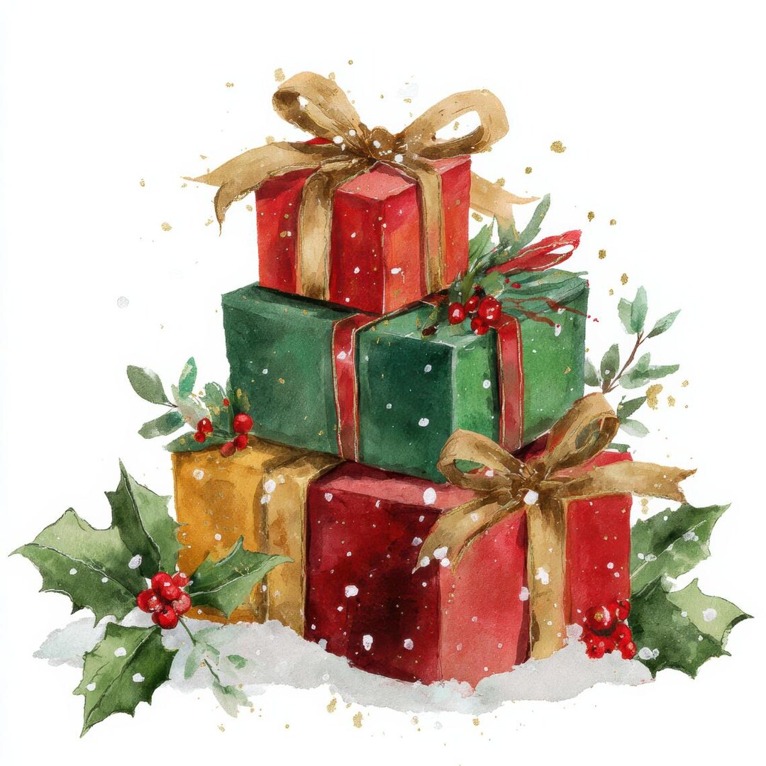 13 Watercolor Gift Box Clipart, Festive Present Clipart, Wrapped Gifts ...