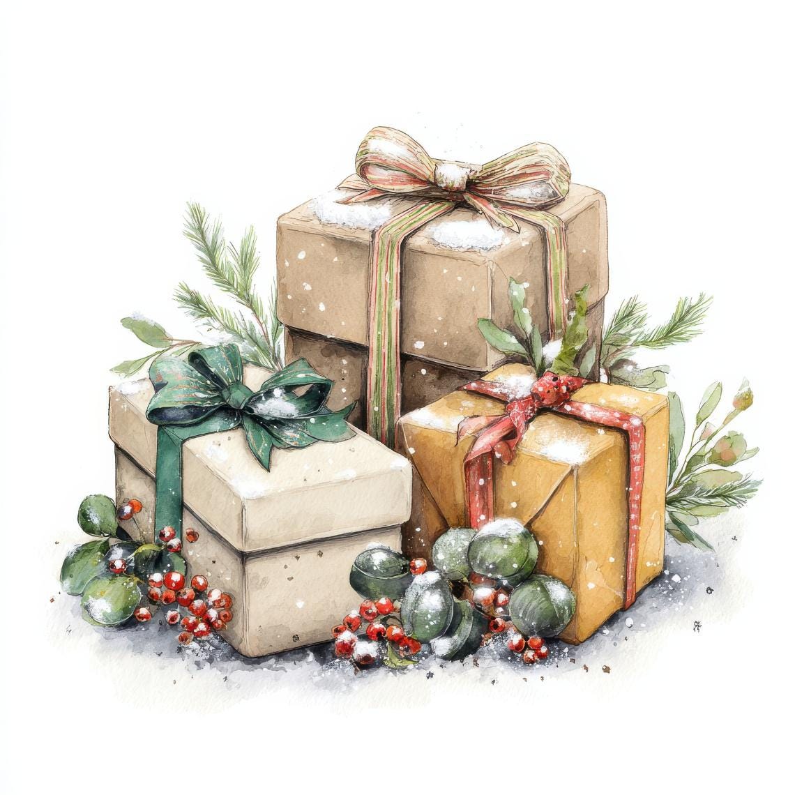 13 Watercolor Gift Box Clipart, Festive Present Clipart, Wrapped Gifts ...