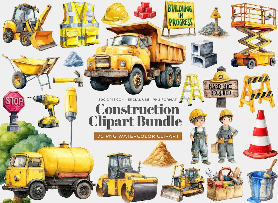 75 Construction Watercolor Clipart Bundle, Construction Nursery PNG ...