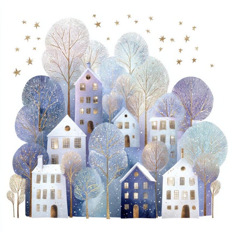 18 Watercolor Winter Village Scene Clipart, Cozy Winter Village ...