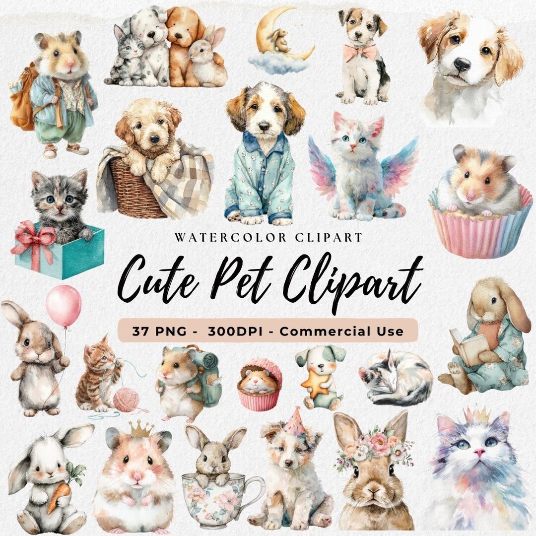 Pets Clipart Bundle, Watercolor Animals PNG, Woodland Pet Graphics, Pet ...