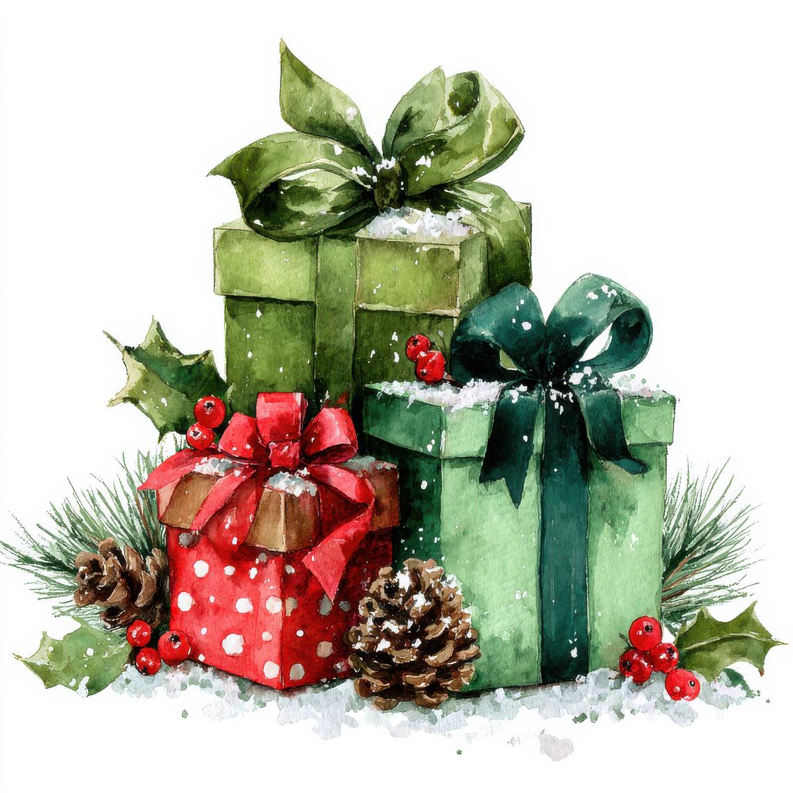 13 Watercolor Gift Box Clipart, Festive Present Clipart, Wrapped Gifts ...