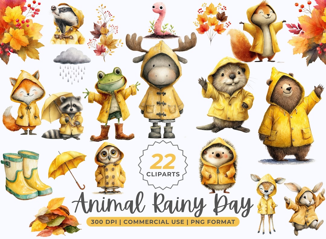 Cute Fall Animals in Raincoats, Rainy Day Clipart, Rainy Day Autumn ...