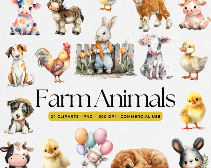 Watercolor Baby Farm Animals Clipart - Cute Farmyard Pets, Adorable Pet ...