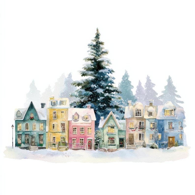 18 Watercolor Winter Village Scene Clipart, Cozy Winter Village ...