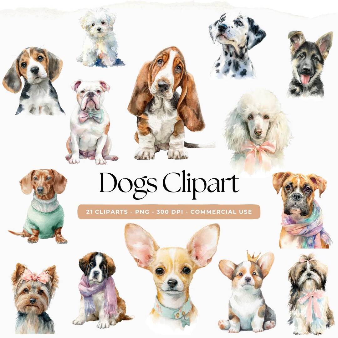 Dogs Clipart Bundle, Watercolor Dog Breed Clipart, Dog Portraits ...