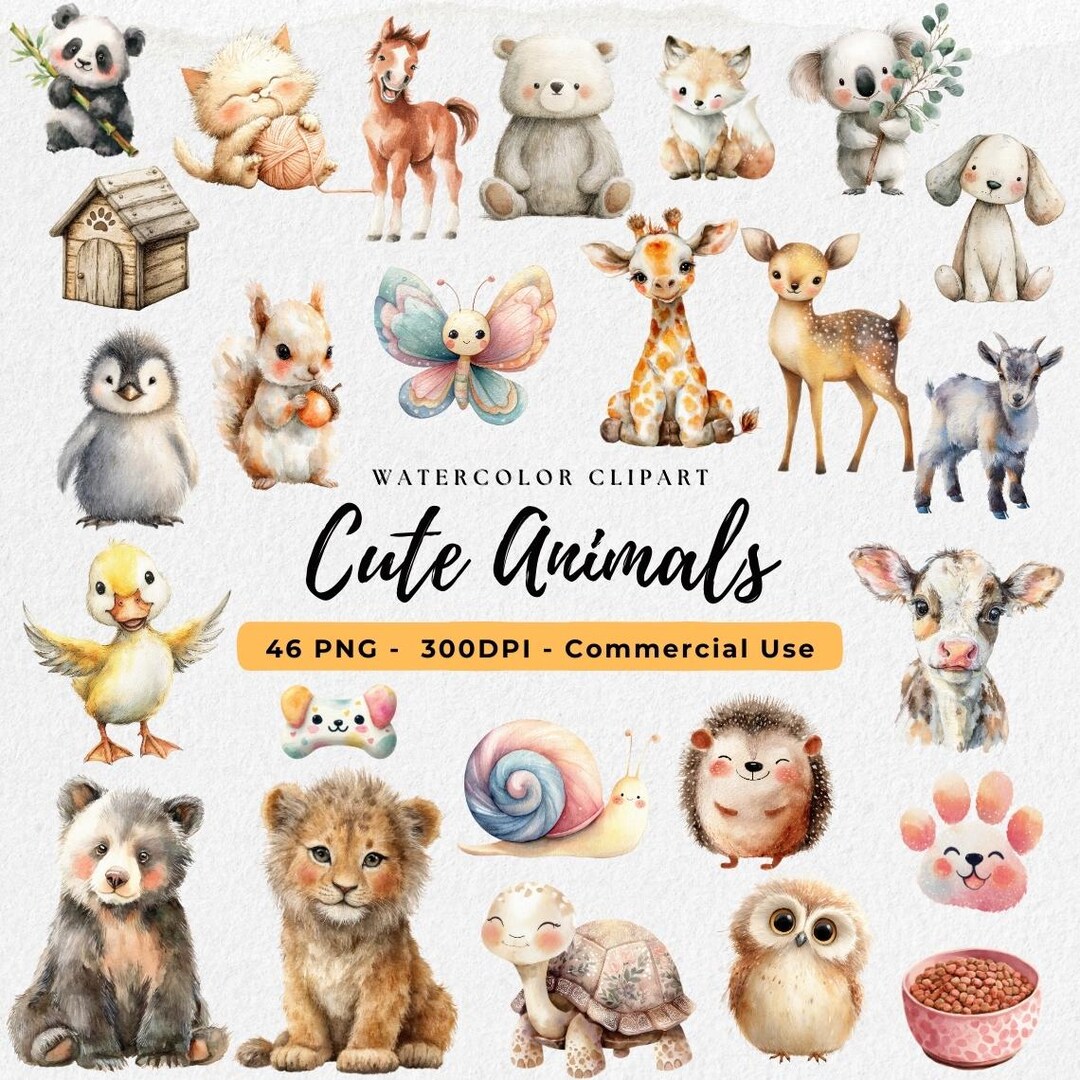 Watercolor Cute Animals Clipart Bundle, Jungle Animal Graphics, Animals ...