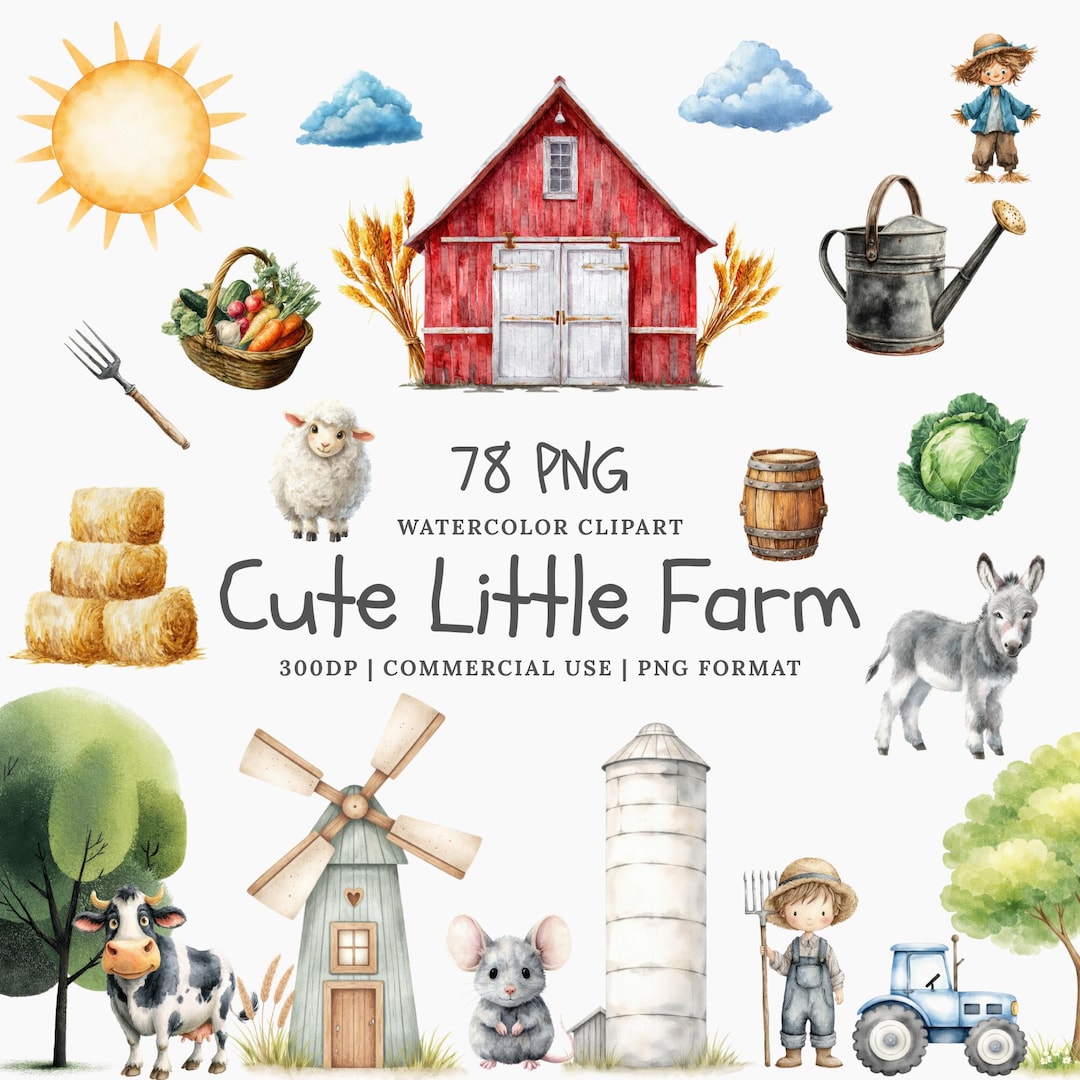 Farm Clipart Bundle, Watercolor Farm Animal Clip Art, Baby Farm PNG ...