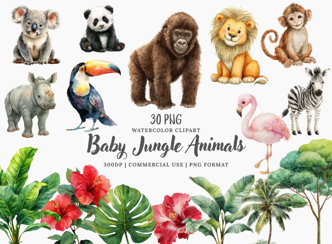 Jungle Animals Clipart Bundle, Watercolour Safari Nursery Art PNG ...