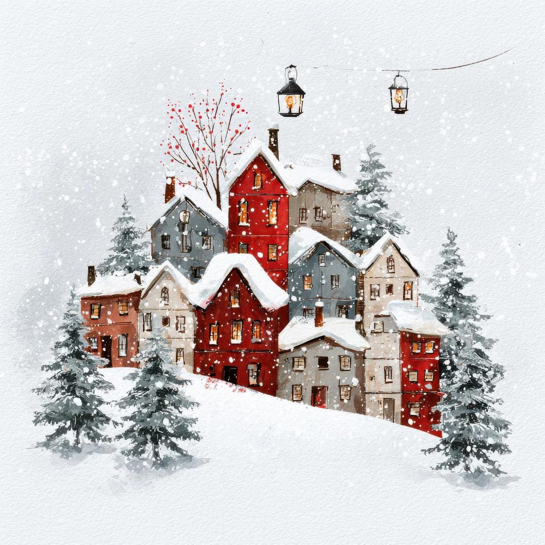18 Watercolor Winter Village Scene Clipart, Cozy Winter Village ...