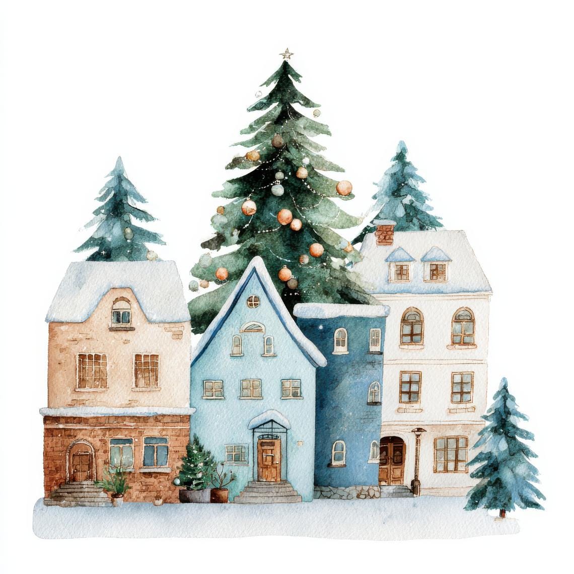 18 Watercolor Winter Village Scene Clipart, Cozy Winter Village ...