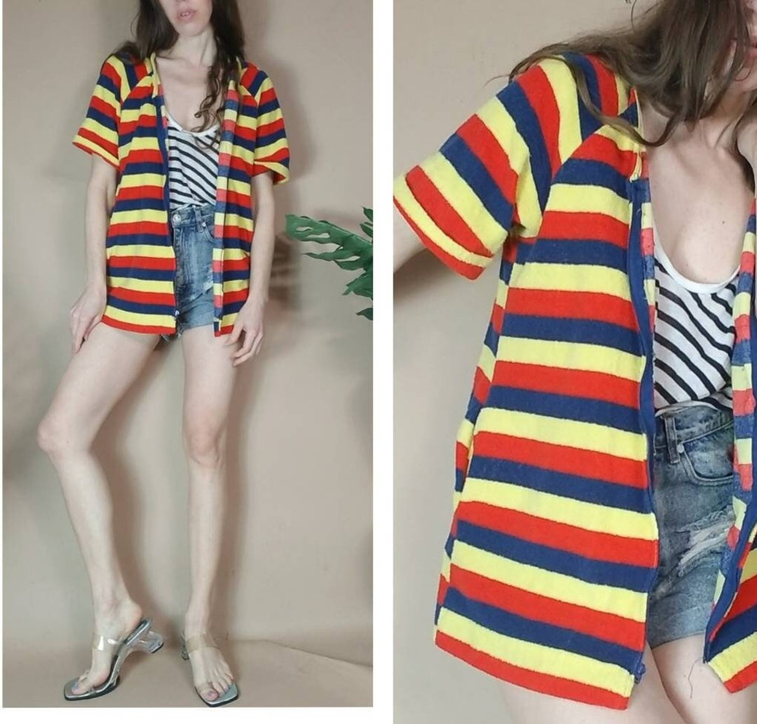 Vintage 70s Striped Top Terry Cloth Tunic Beachy Primary Colors Hooded ...