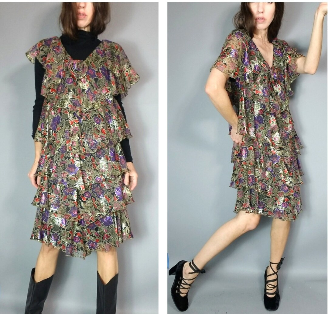 Vintage 80s 90s Floral Ruffle Dress S - Etsy