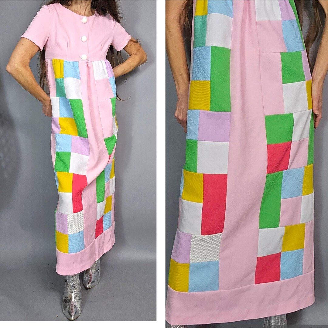 Vintage 70s Pink Patchwork Dress S - Etsy