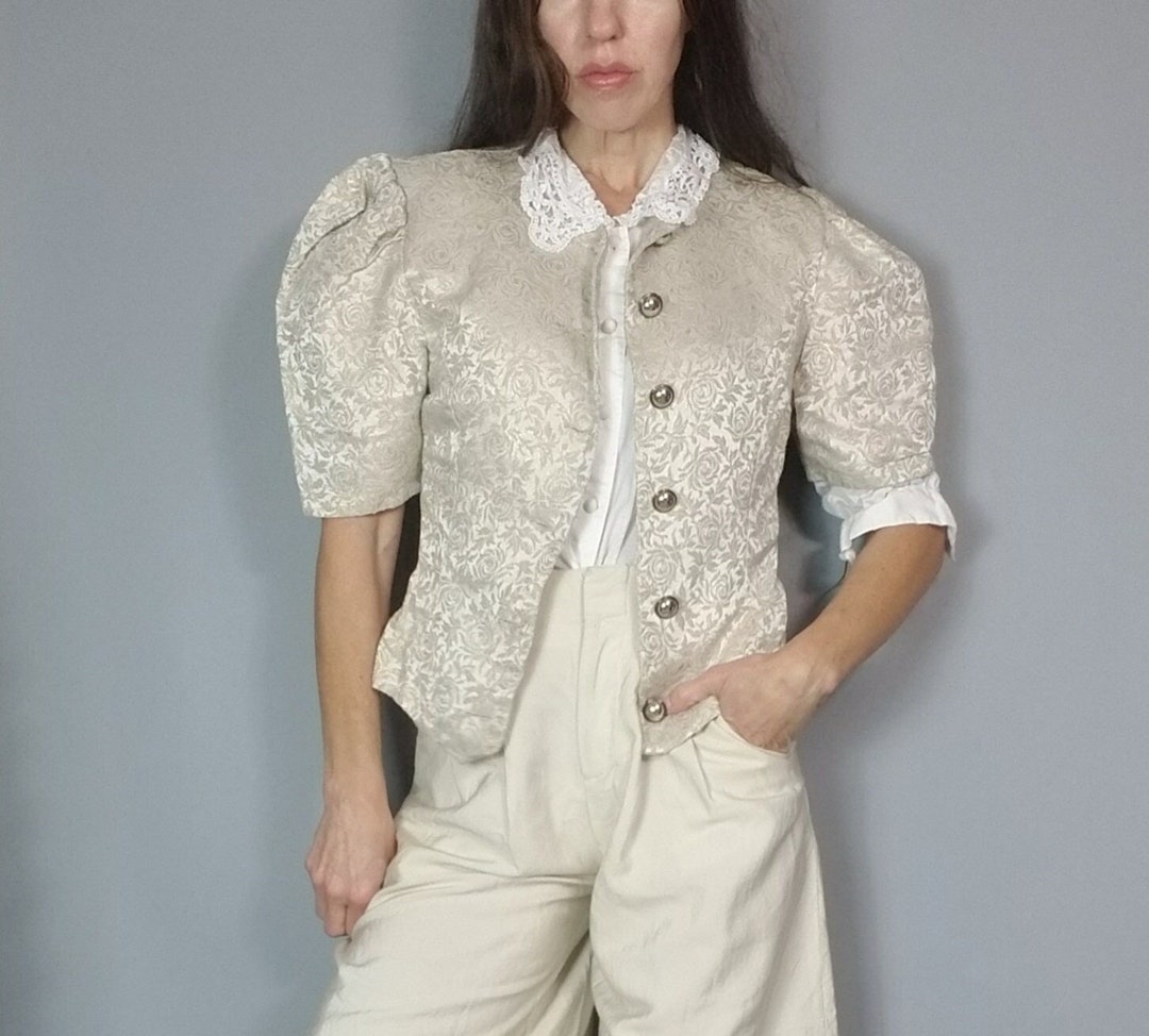 Vintage Brocade Puff Sleeve Top Handmade Short Sleeve Jacket Blouse S ...