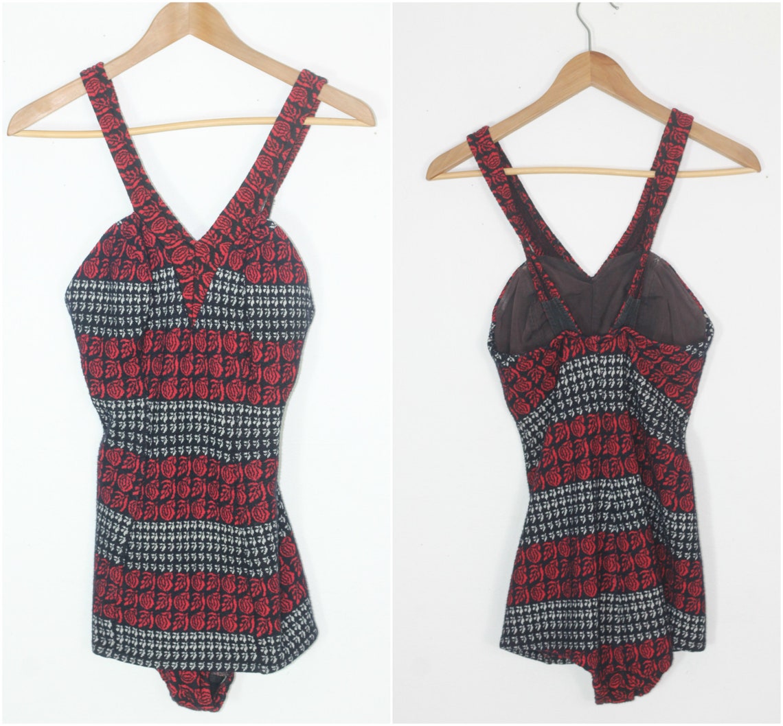 Vintage 60s 70s Knit Bathing Suit Roses One Piece Maillot - Etsy
