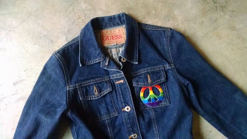 Vintage GUESS Jean Jacket Dark Denim Peace Patches Hippie | Etsy