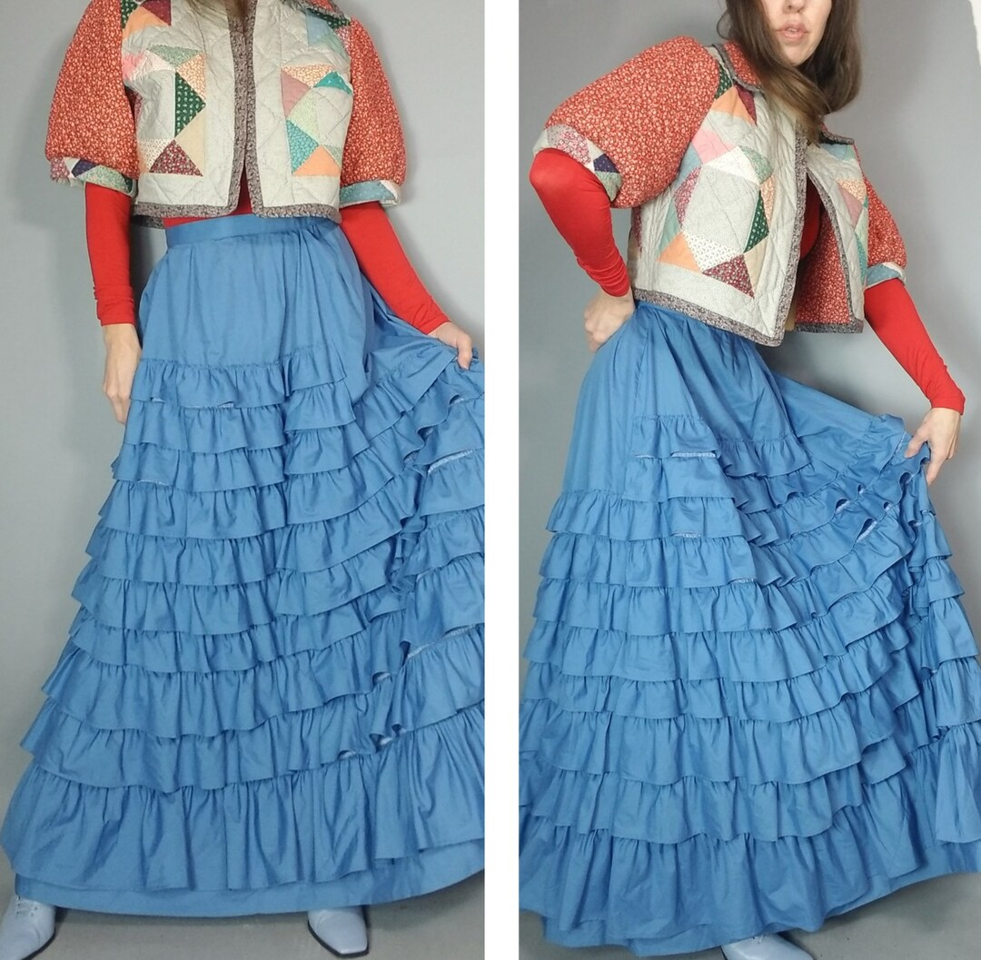 Vintage 80s Ruffled Maxi Skirt Prairie Western Handmade Full Skirt S M ...