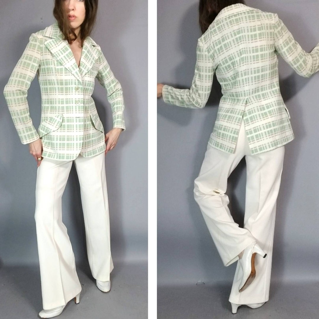 Vintage 70s Suit Set Plaid Blazer Ivory Pant Outfit M - Etsy