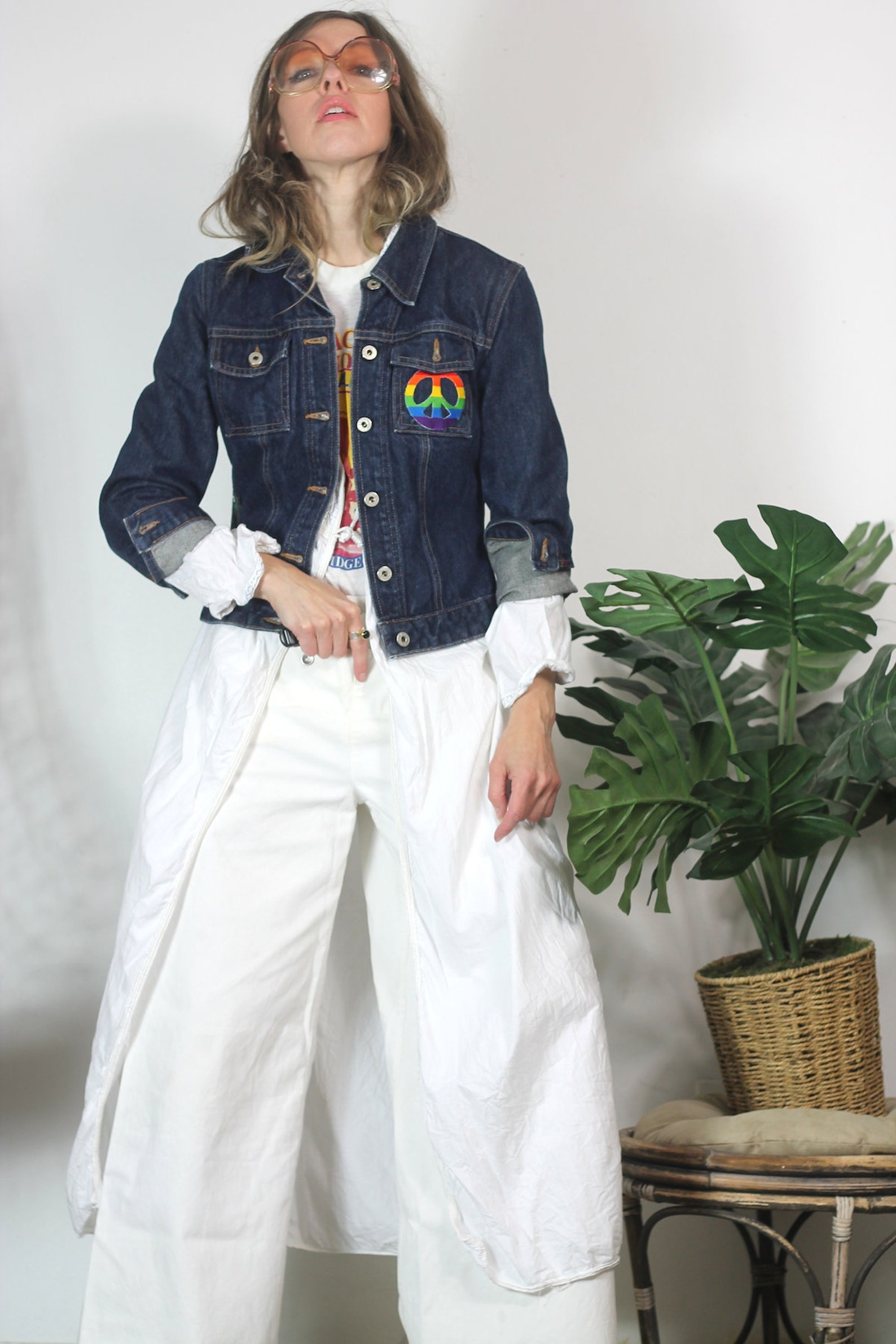 Vintage GUESS Jean Jacket Dark Denim Peace Patches Hippie | Etsy