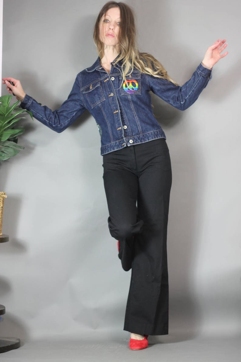 Vintage GUESS Jean Jacket Dark Denim Peace Patches Hippie | Etsy
