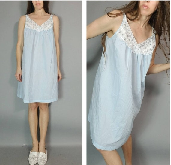Vintage 80s Nightgown Pale Blue Short Lightweight Sum… - Gem