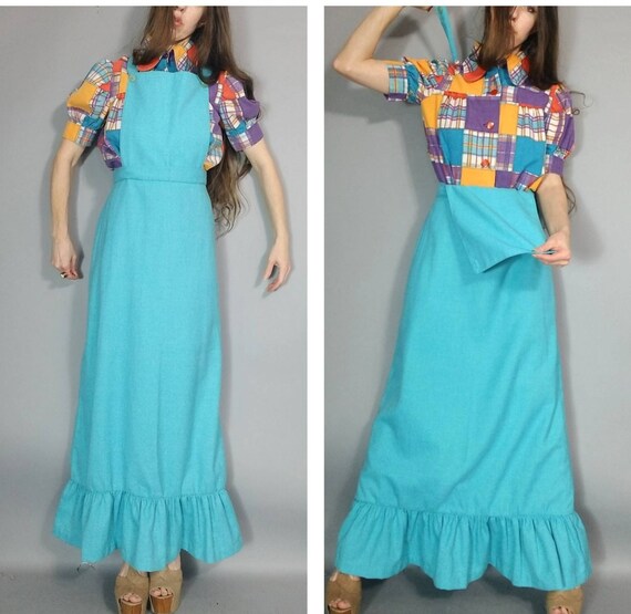 Vintage 70s Hippie Apron Dress Convertible Maxi Skirt… - Gem