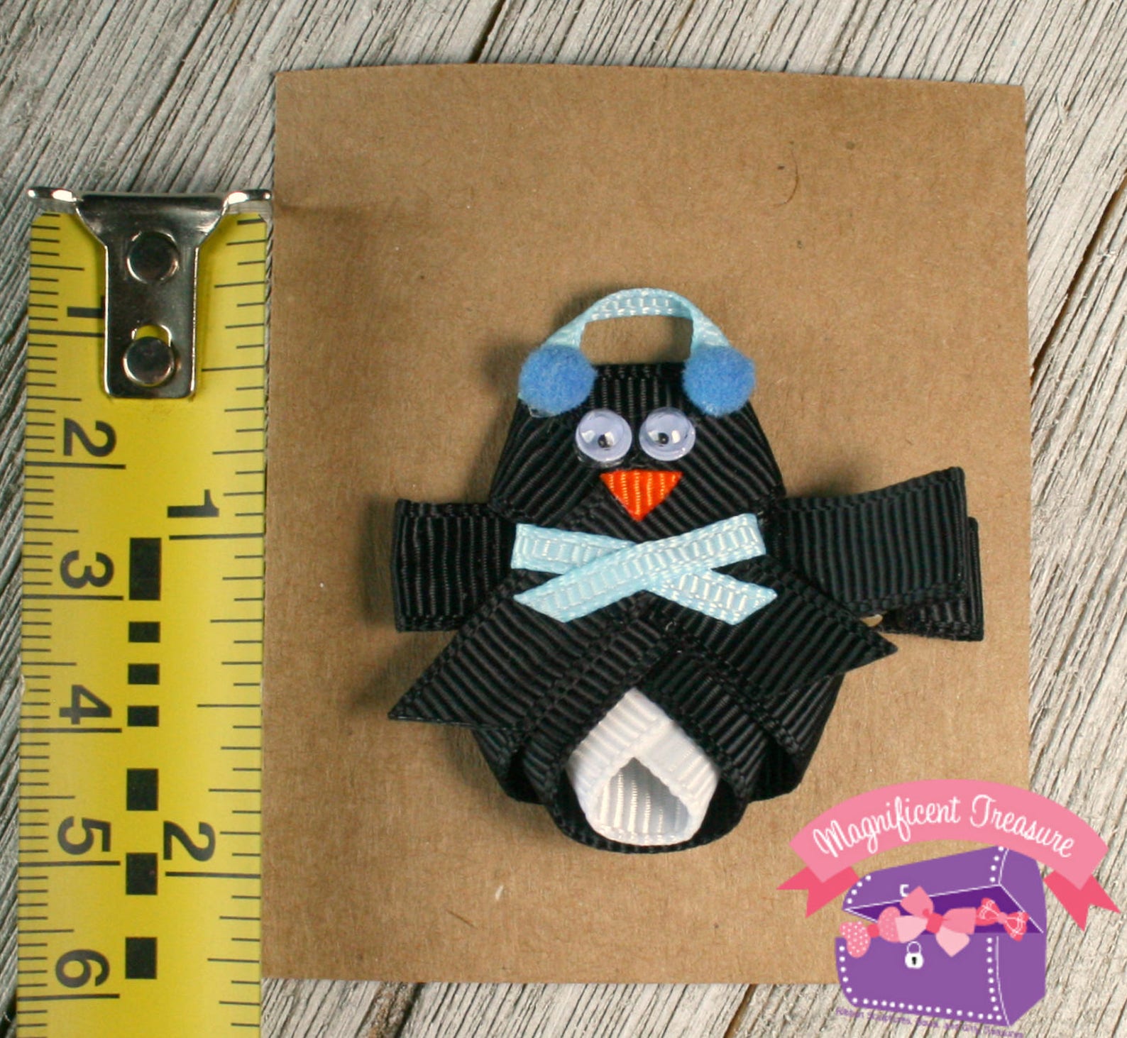 Penguin Hair Bow - Ribbon Sculpture - Penguin With Scarf and Ear Muffs ...