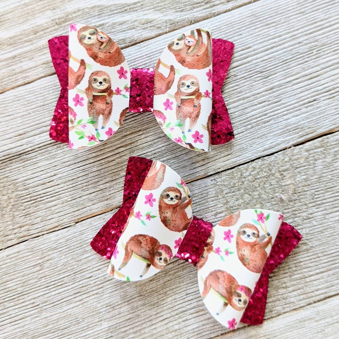 Mini Sloth Glitter Bow 2.5 Zoo Animal Faux Leather Bows Pigtail Bows ...