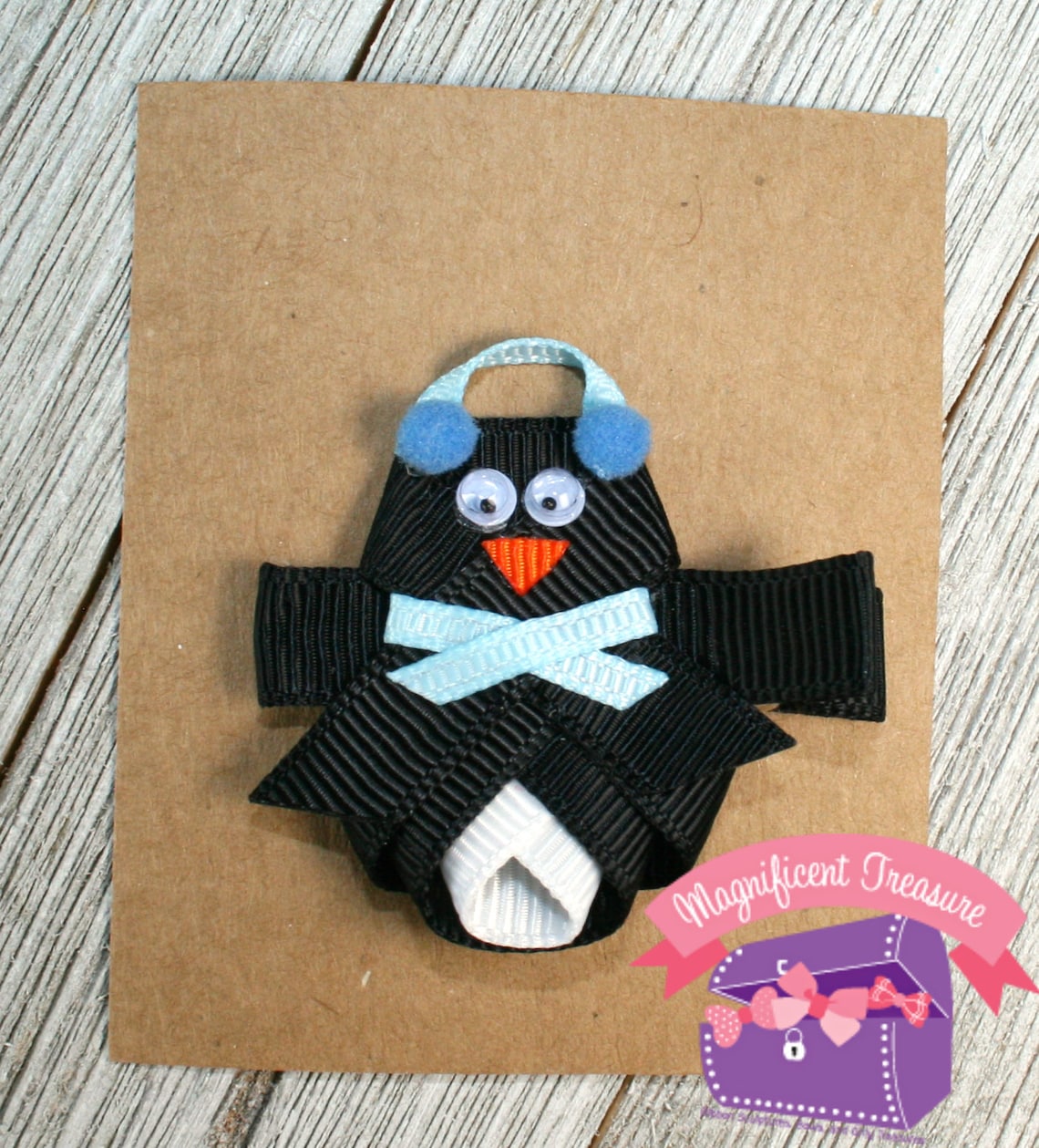 Penguin Hair Bow - Ribbon Sculpture - Penguin With Scarf and Ear Muffs ...