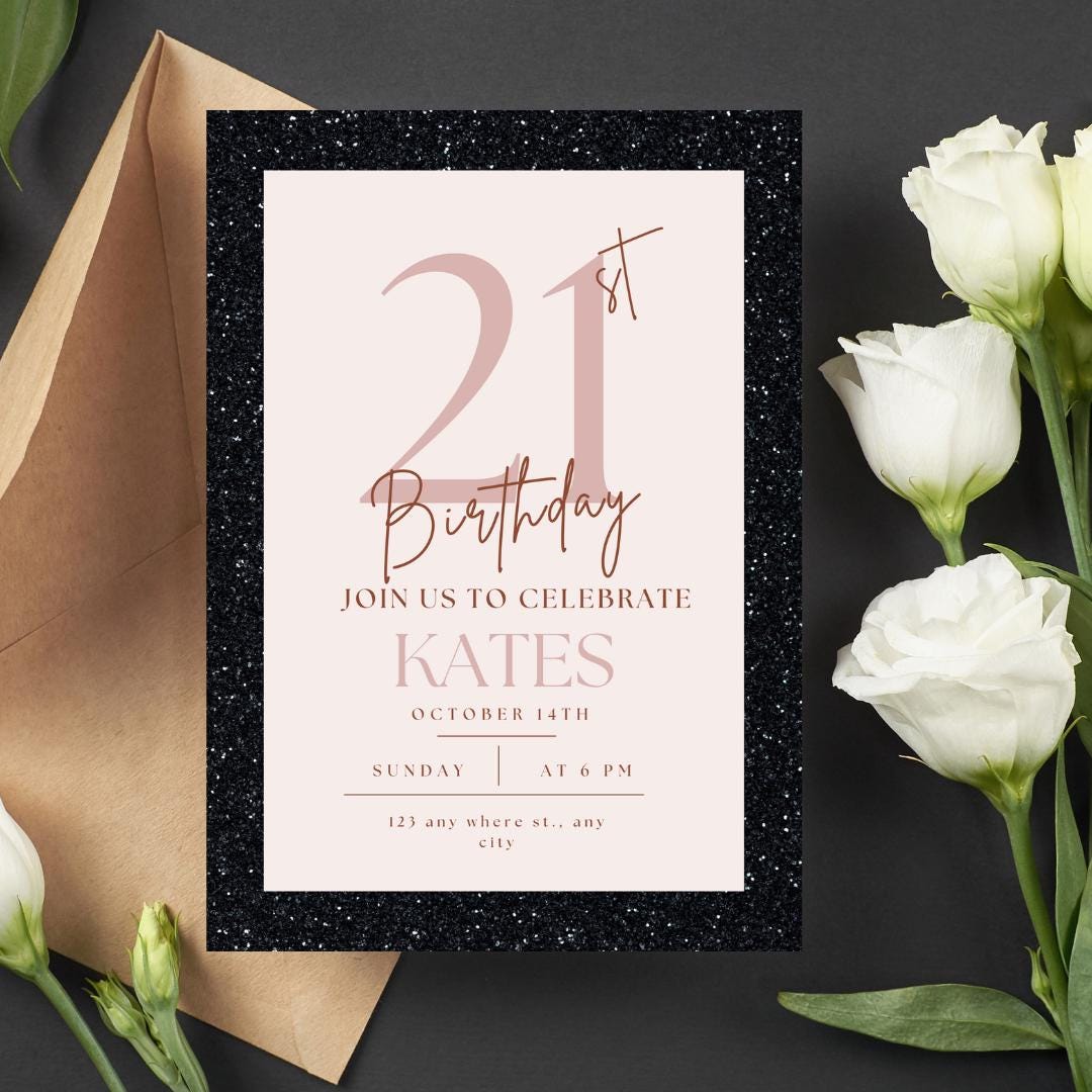21st Birthday Invitation, Twenty One Birthday Invite, Black Glitter ...