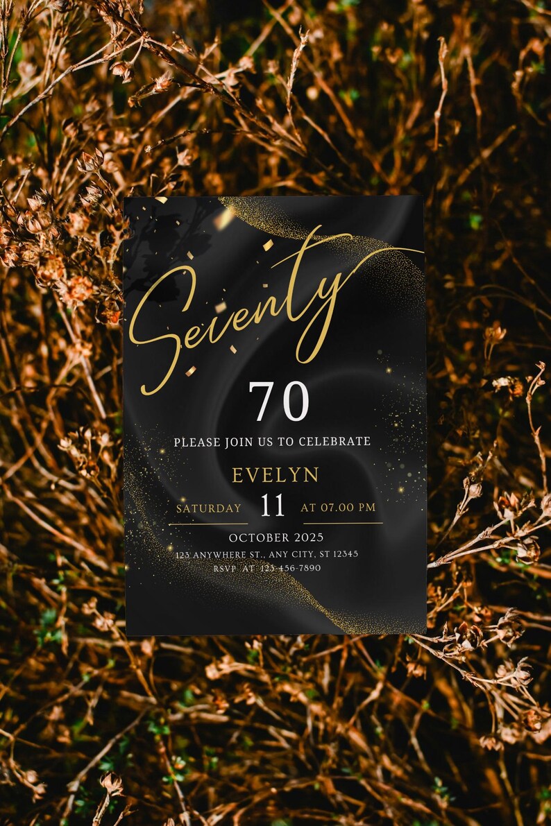 70th Birthday Invitation | Milestone Birthday Invite | Elegant Black ...