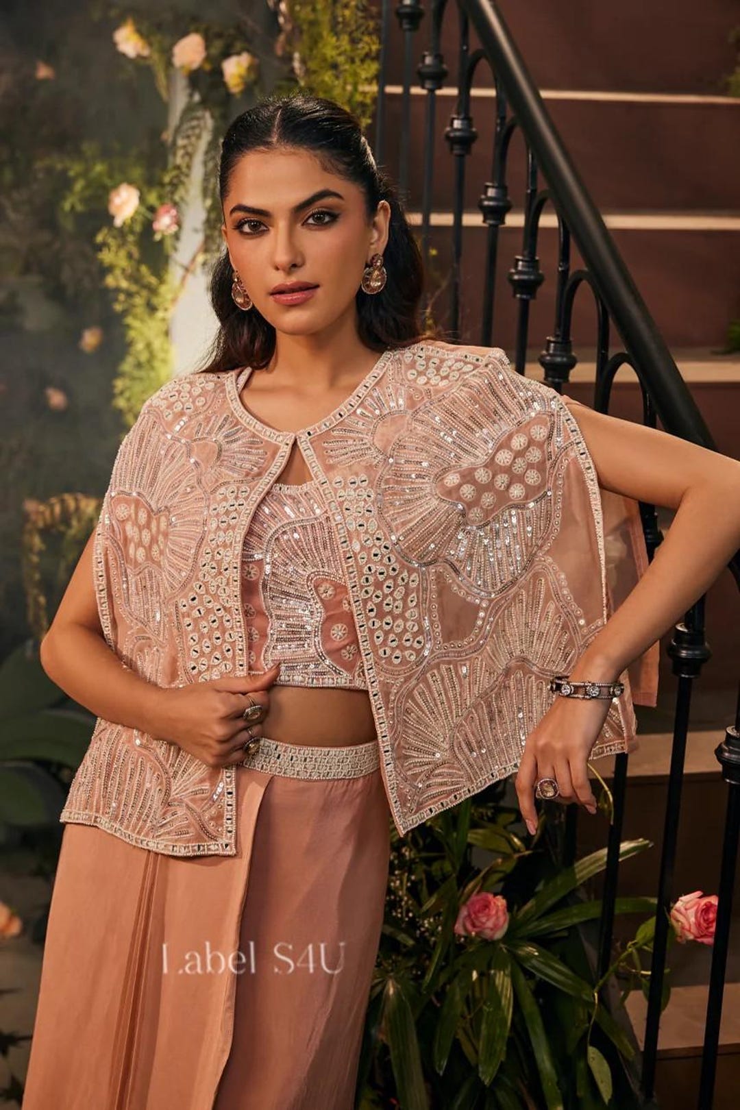Zarmina Peach Handwork-indo-western Set, Salwar Suit With Shurg - Etsy