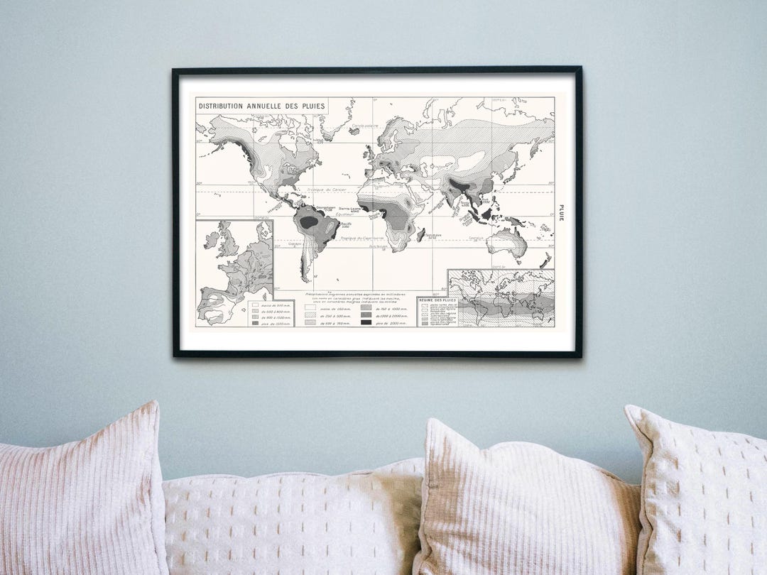 Vintage Map Poster - Rainfall Distribution - World Map Wall Art - Etsy