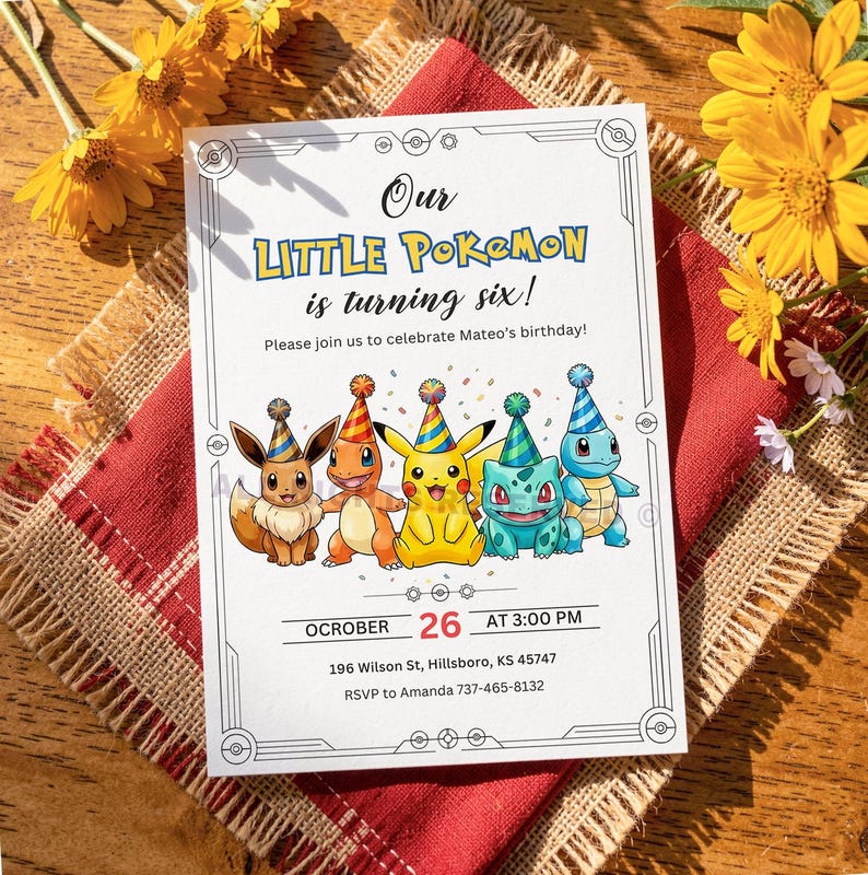 Pokemon Birthday Invitation Canva Template, Editable Kids Pikachu and ...