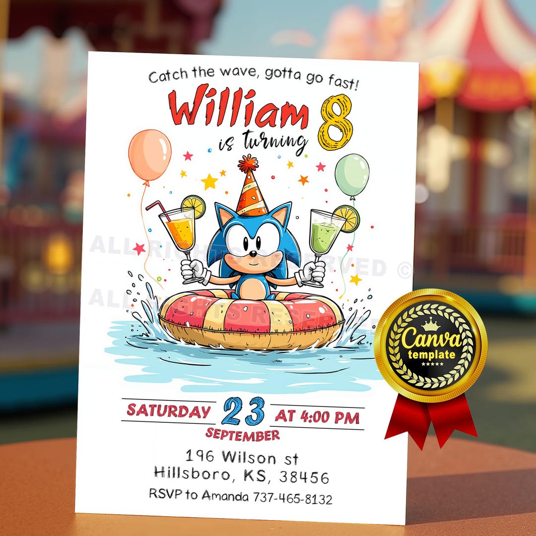 Sonic Pool Party Birthday Invitation – Editable Canva Template for a ...