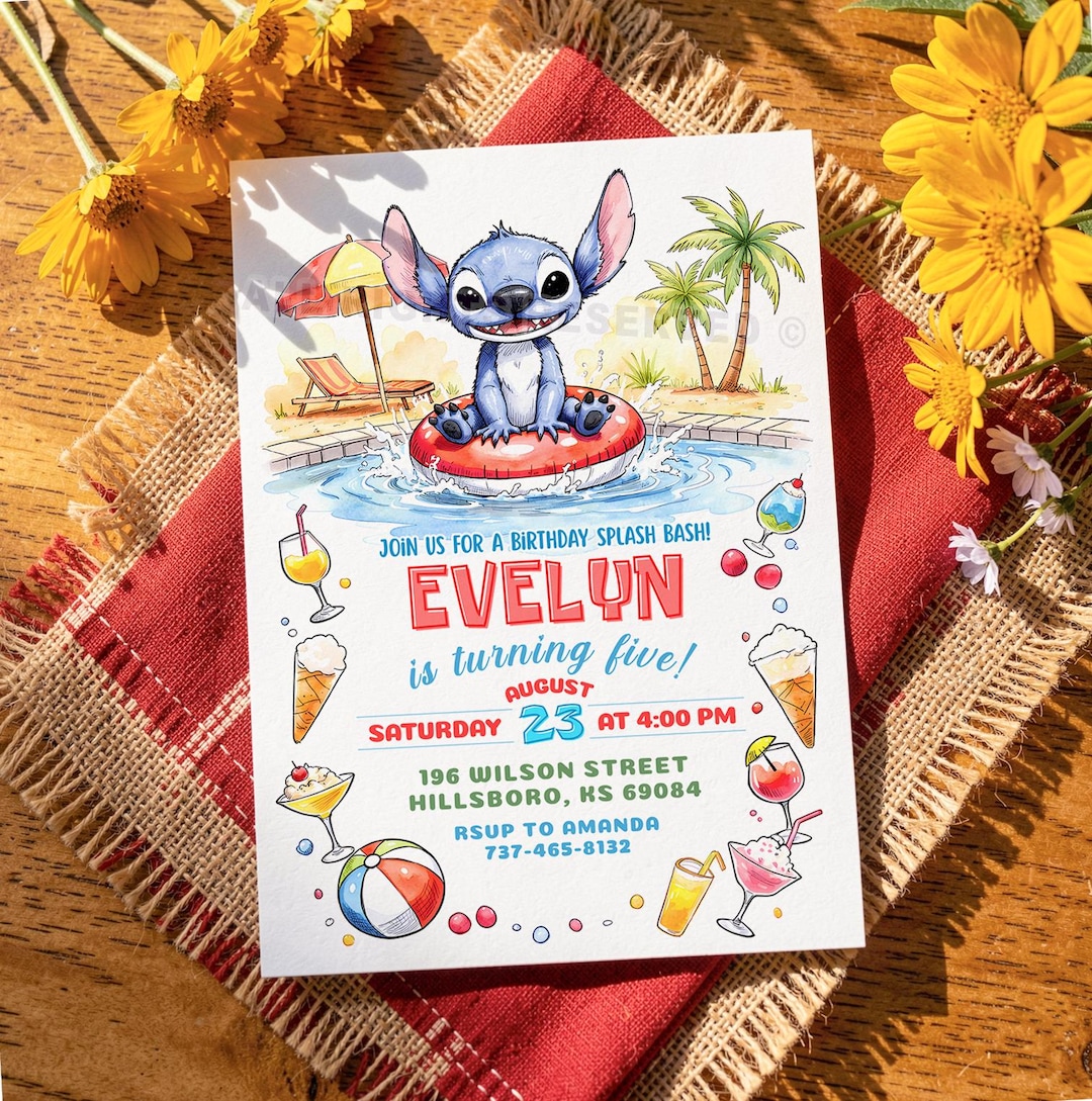 Editable Stitch Pool Party Invitation, Summer Splash Bash Birthday ...