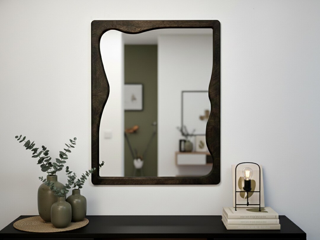 Wavy Rectangle Wooden Framed Mirror - Handmade Wood Wall Decor for ...